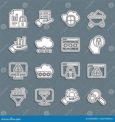 Set Line Magnifying Glass And Gear Browser With Exclamation Mark