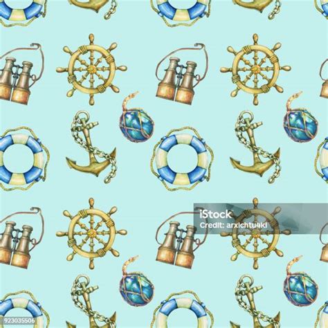 청록색 배경에 고립 된 항해 요소와 빈티지 완벽 한 패턴입니다 오래 된 쌍안경 Lifebuoy 골동품 요트 스티어링 휠 배 앵커