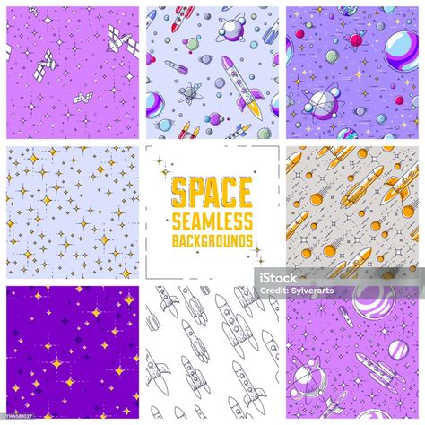 로켓 행성 소행성 혜성 유성 및 별 알려지지 않은 깊은 코스모스 어린이를 위한 환상적인 직물 직물 끝 없는 타일링 패턴 벡터와 원활한 공간 배경의 집합입니다 0명에 대한