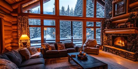 A Cozy Cabin Living Room With Large Windows Showcasing A Snowy