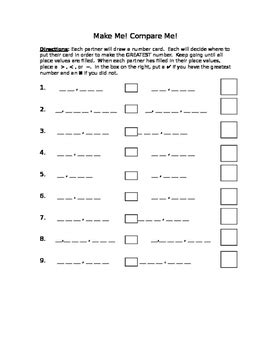 Comparing Numbers Game By Erin Leitch Teachers Pay Teachers