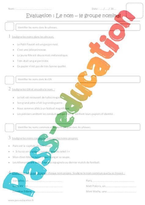 Nom Groupe nominal Cm1 Evaluation Cycle 3 PDF à imprimer