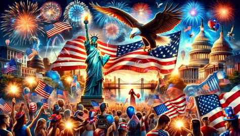 Fourth Of July Celebration With Fireworks And American Icons Stock
