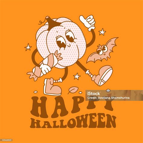 재미있는 복고풍 할로윈 인사말 카드 Teplate와 복고풍 만화 호박 캐릭터 그루비 70 년대 빈티지 스타일 해피 할로윈 그림은 과자 개념을 사냥합니다 등고선 벡터