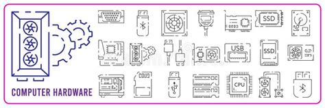Computer Hardware Line Icon Set Graphic Card Or Processor And Ram Gpu Or Cpu And Cooler Case