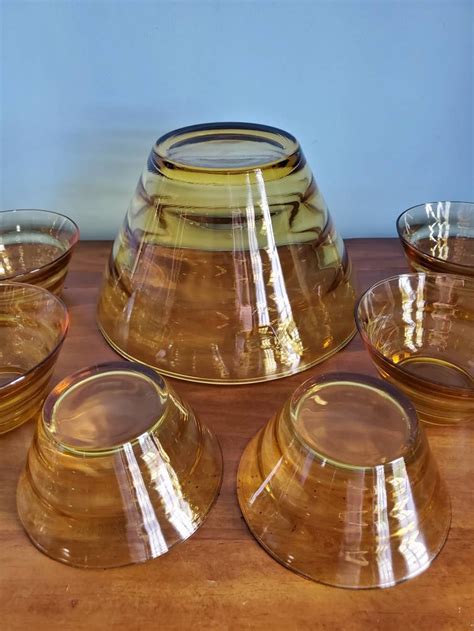 Vintage Amber Glass Salad Bowl Set Waterfall Hazel Atlas 7pc Etsy