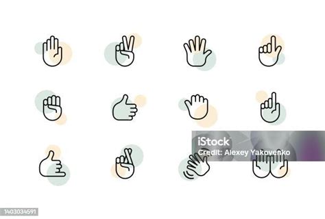 손 제스처 세트 아이콘입니다 중지 둘 승리 하이 파이브 포인트 인덱스 주먹 같은 엄지 손가락 손가락 교차 전화 걸기 웨이브 비언어적 의사 소통 개념 비즈니스 및 광고에 대한