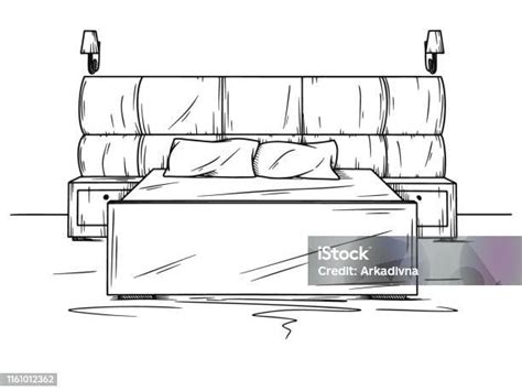 침실의 현실적인 스케치 내부의 손으로 그린 스케치 벡터 일러스트레이션 3차원 형태에 대한 스톡 벡터 아트 및 기타 이미지 3차원 형태 가구 가정 생활 Istock