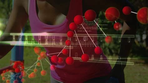 animation of dna strands and data processing over african american woman exercising stock