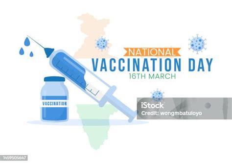 3월 16일 전국 예방 접종의 날 방문 페이지 템플릿에 그려진 플랫 만화에 강력한 면역을 위한 백신 주사기를 사용한 그림 백신접종에 대한 스톡 벡터 아트 및 기타 이미지