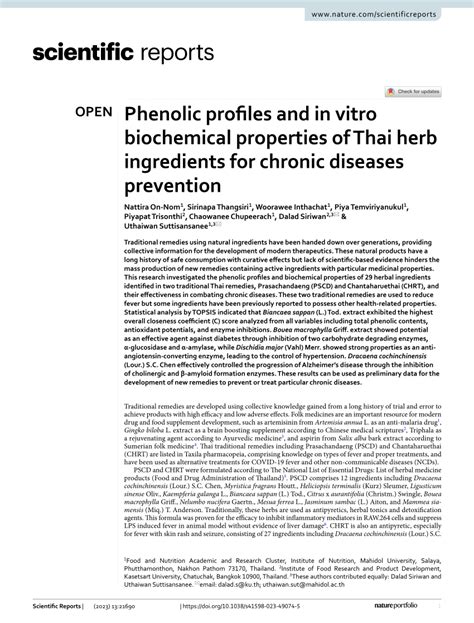Pdf Phenolic Profiles And In Vitro Biochemical Properties Of Thai Herb Ingredients For Chronic