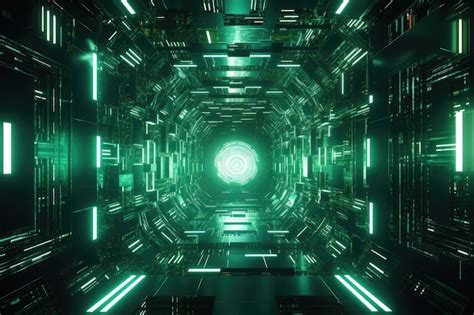추상적인 미래의 Sf 터널 복도 반이는 불빛 3d 렌더링 다각형 모양과 회로판을 가진 미래의 메타버스 터널 Ai 생성