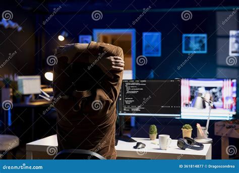 Programmer Doing Software Quality Assurance Stretching Arms Behind Back Stock Image Image Of