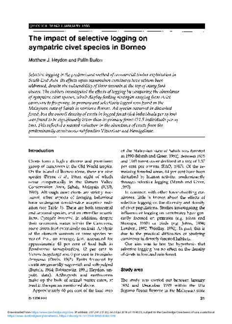 Pdf The Impact Of Selective Logging On Sympatric Civet Species In Borneo