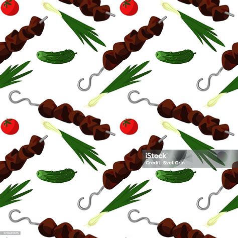 케밥 꼬치에 매달린 고기 조각 개별 토마토 오이 양파의 패턴 그릴과 야외 식사 바베큐 피크닉 또는 모든 디자인에 양념을 더하는 요리 장소 원활한 갈색에 대한 스톡 벡터 아트