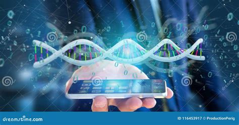 Businessman Holding A 3d Rendering Data Coded Dna With Binary File