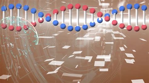 Animation Of Dna Strand Spinning Over Globe And Scope Scanning Stock