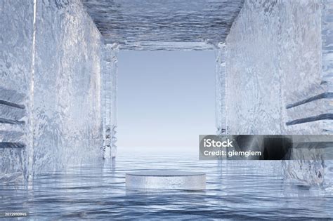 Abstact 3d는 겨울 장면과 자연 배경을 렌더링하며 연단은 제품 전시 광고 모형 등을 위해 얼음 도시의 입구와 출구 게이트 사이에 있습니다 3차원 형태에 대한 스톡