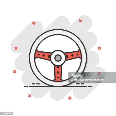 코믹 스타일의 벡터 만화 스티어링 휠 아이콘 러더 휠 사인 일러스트레이션 픽토그램 스티어링 비즈니스 스플래시 효과 컨셉 개념에