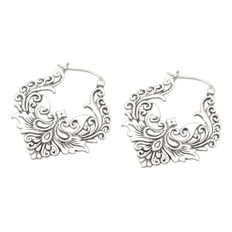 Ornate Balinese Sterling Silver Hoop Earrings Floral Flame Globein