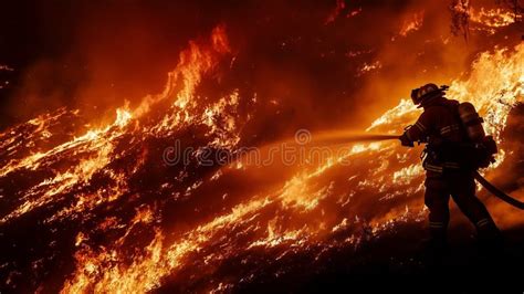Firefighter Extinguishing Wildfire With Powerful Water Jet At Night