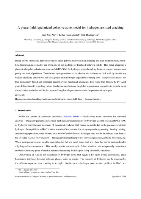 Pdf A Phase Field Regularized Cohesive Zone Model For Hydrogen