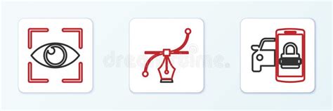 Set Line Smart Car Security System Eye Scan And Bezier Curve Icon