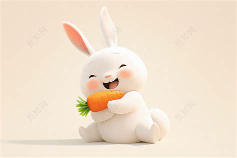 可爱小白兔拿着胡萝卜3D立体插画兔子小动物ai绘画 觅知网