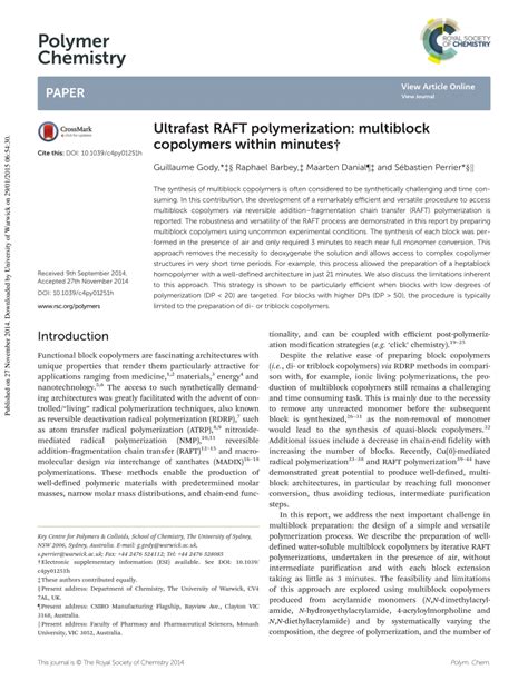 Pdf Ultrafast Raft Polymerization Multiblock Copolymers Within Minutes