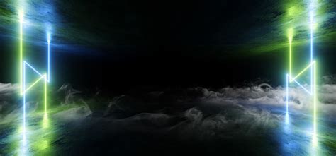 연기 네온 조명 가상 공상 과학 Fi 미래 선명한 녹색 파란색 빛나는 레이저 빔 모양 어두운 그런지 콘크리트 터널 지하 홀 차고 룸 갤러리 밤 3d 렌더링 0명에 대한 스톡