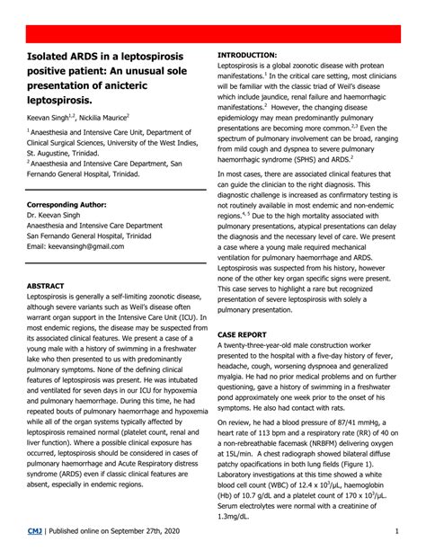 Pdf Isolated Ards In A Leptospirosis Positive Patient An Unusual