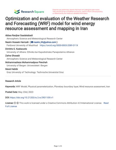 Pdf Optimization And Evaluation Of The Weather Research And Forecasting Wrf Model For Wind
