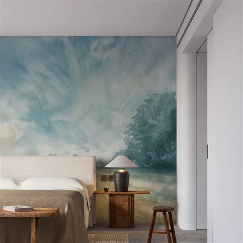 Muted Scenic Mural Field And Trees Landscape Vintage Wallpaper