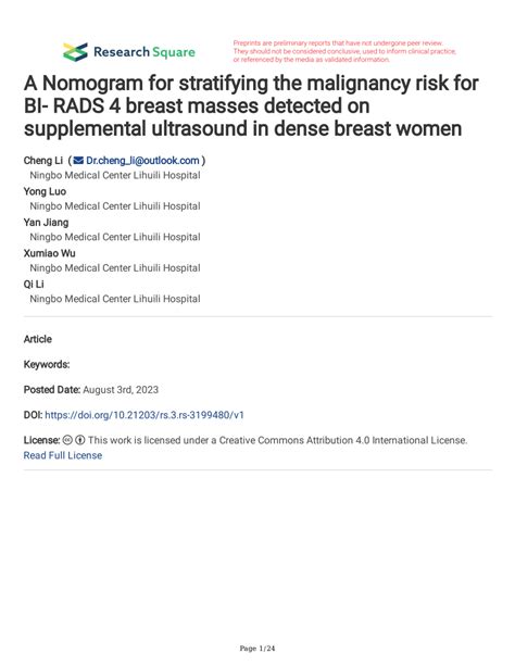 Pdf A Nomogram For Stratifying The Malignancy Risk For Bi Rads 4 Breast Masses Detected On