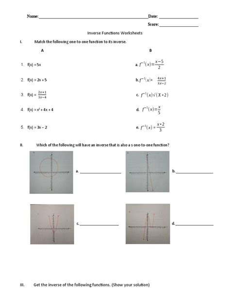 Inverse Functions Worksheets Pdf