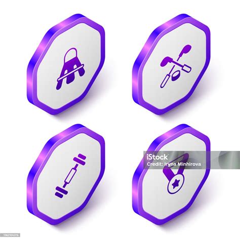 아이소메트릭 배드민턴 셔틀콕 아이스하키 스틱과 퍽 아령과 메달 아이콘을 설정합니다 보라색 육각 버튼 벡터 3위에 대한 스톡 벡터 아트 및 기타 이미지 Istock