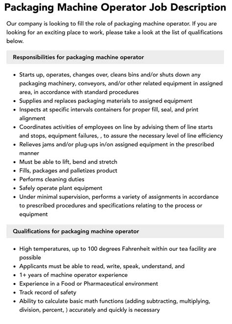 Packaging Machine Operator Job Description Velvet Jobs