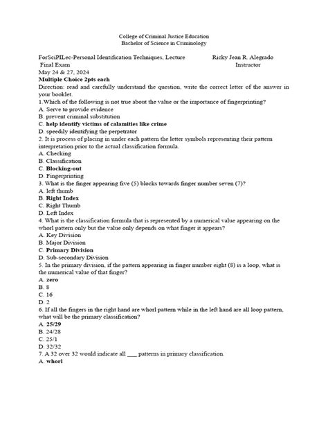 Personal Indentification Final Exam Pdf Fingerprint