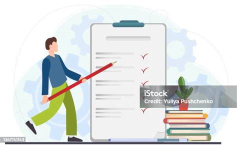 연필을 들고 체크리스트 또는 문서 비즈니스 분석 감사 연구 개념 평면 벡터 일러스트레이터온을 조사하는 젊은 행복한 남자 리스트에 대한 스톡 벡터 아트 및 기타 이미지