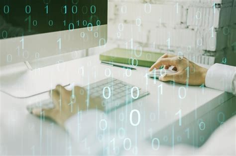 Premium Photo Creative Abstract Binary Code Hologram And Hands Typing On Computer Keyboard On