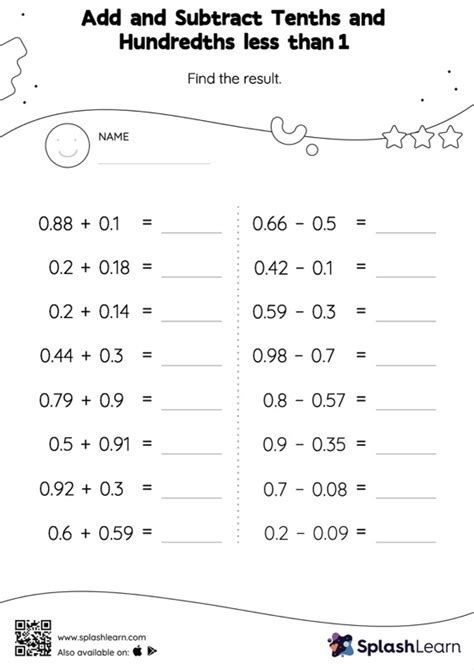 Add And Subtract Tenths And Hundredths Less Than 1 Horizontal Worksheet