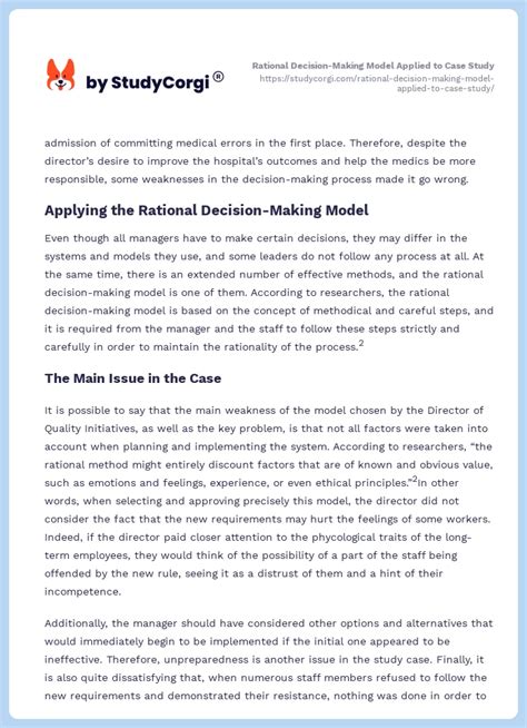 Rational Decision Making Model Applied To Case Study Free Essay Example