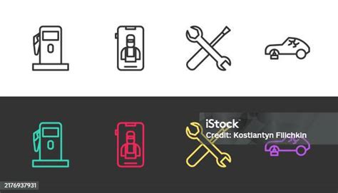세트 라인 휘발유 또는 주유소 온라인 자동차 서비스 스크루 드라이버 및 렌치 스패너 및 흑백에 깨진 벡터 가솔린에 대한 스톡 벡터 아트 및 기타 이미지 Istock