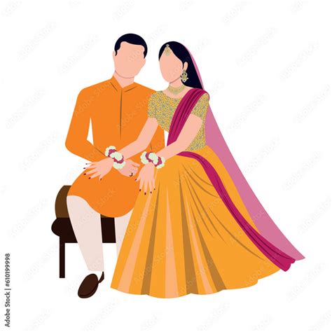 Vector Vector Cute Indian Couple Cartoon In Traditional Dress Posing For Wedding Invitation Card