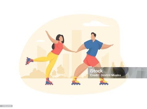 공원에서 롤러 블레이드 사람들 즐거운 남자와 여자 타고 아스팔트 여름 도로 잡고 손 가공의 인물에 대한 스톡 벡터 아트 및 기타 이미지 가공의 인물 공원 남자