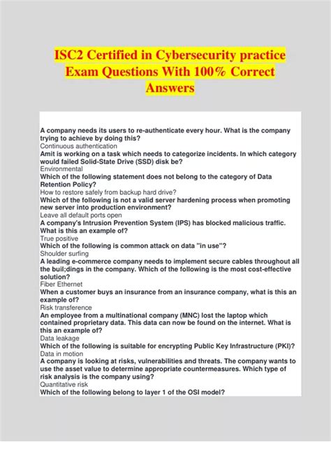 Isc2 Certified In Cybersecurity Practice Exam Questions With 100 Correct Answers Isc2