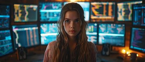 Premium Photo A Medium Shot Shows A Female Developer Sitting In A Dark Monitoring Room