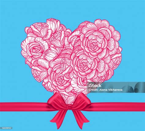 빨간 활과 꽃 하트입니다 아름다운 분홍색 꽃을 그립니다 발렌타인 데이와 사랑의 상징 식물 벡터 그림입니다 홀리데이 카드 0명에 대한 스톡 벡터 아트 및 기타 이미지 Istock