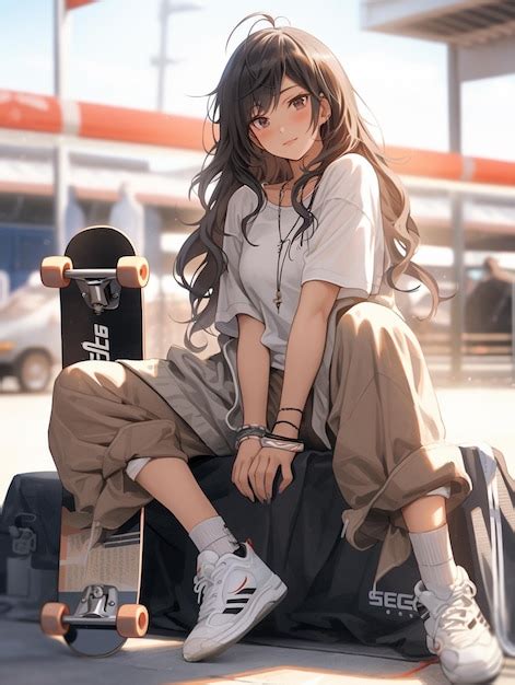 Premium Photo Anime Girl Sitting On A Suitcase With A Skateboard In Her Hand Generative Ai