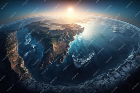 우주에서 푸른 행성 지구를 항공으로 본 육지와 바다 위로 일출 Generative Ai 프리미엄 사진